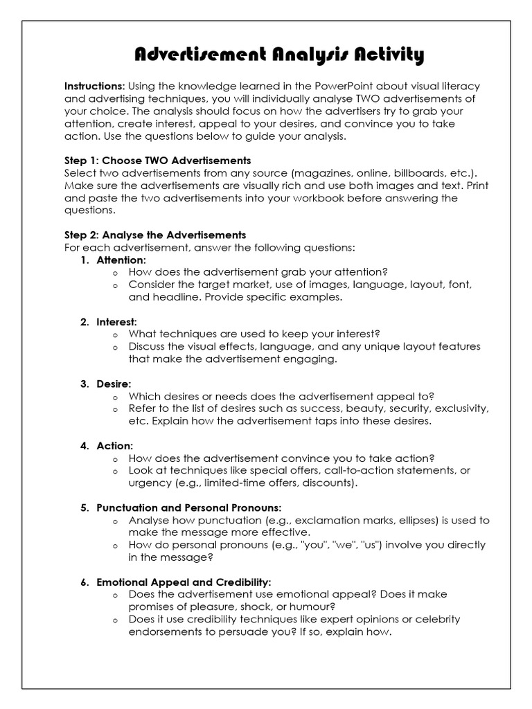 Grade 12 Advertisement Analysis Guide | PDF