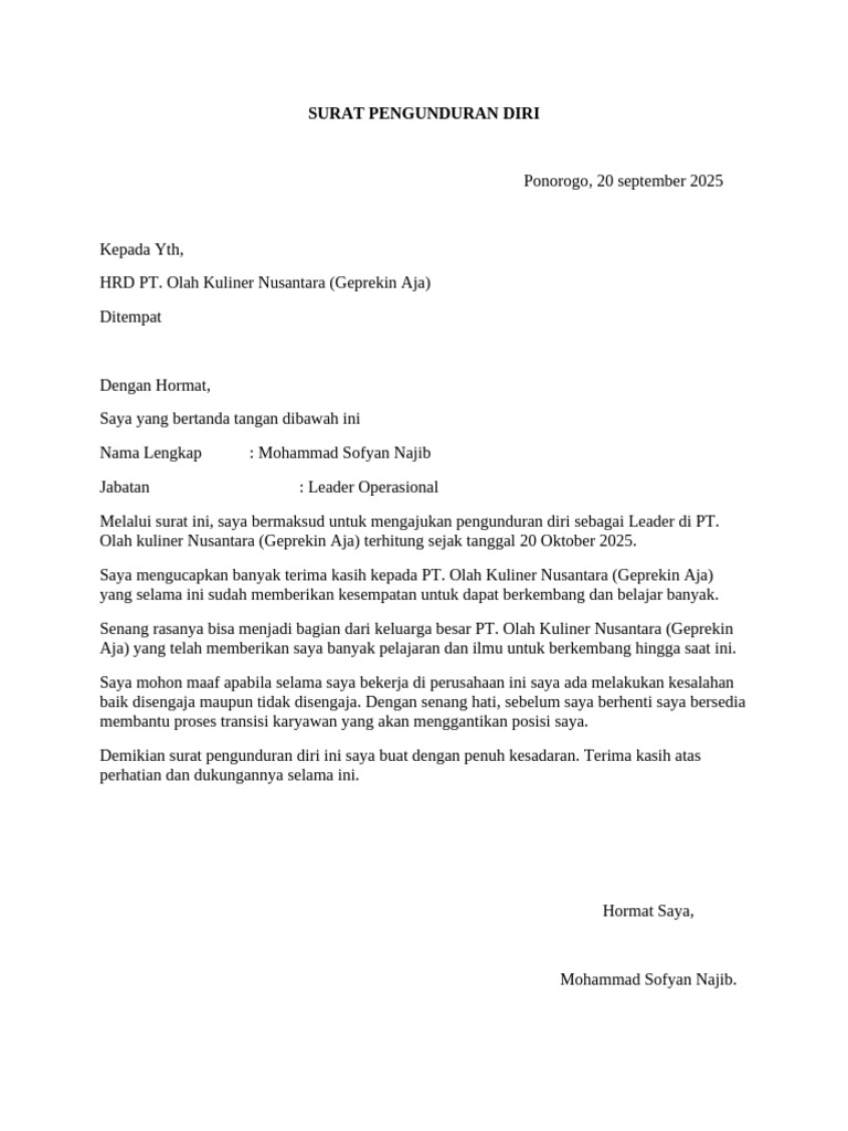 Surat Pengunduran Diri Sofyan | PDF