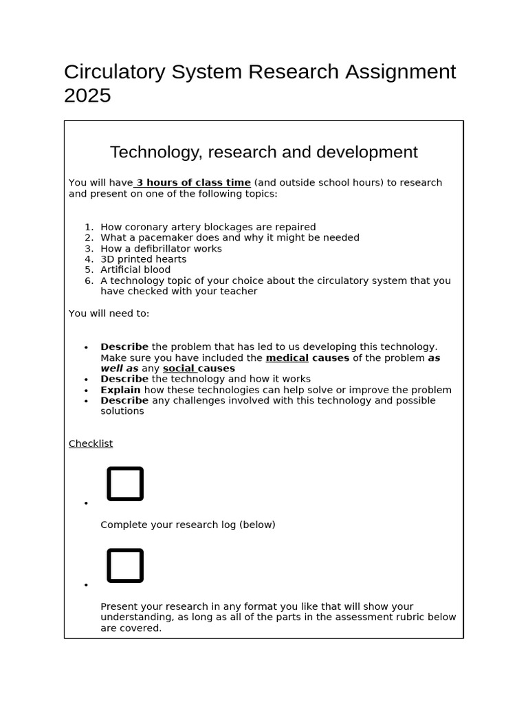 Circulatory System Research Assignment 2025 | PDF | Circulatory System ...