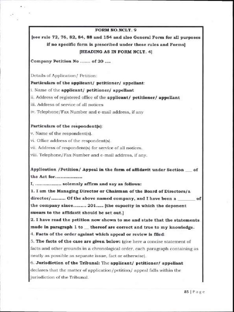 NCLT Form 9: Petition/Application Template | PDF | Public Law | Judiciaries