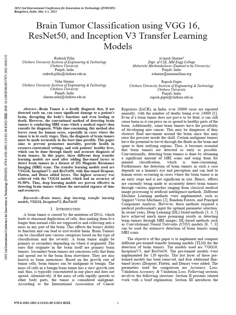 Brain Tumor Classification Using VGG 16 ResNet50 and Inception V3 Transfer Learning Models | PDF ...