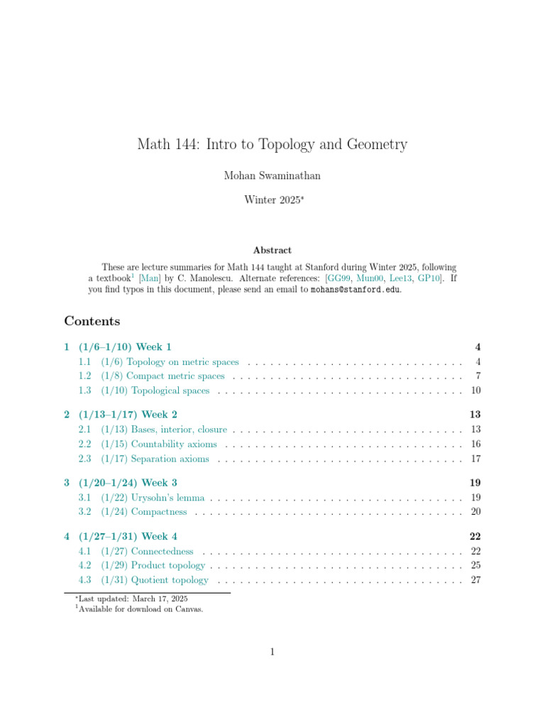 W25 144 Lectures | PDF | Compact Space | Mathematical Concepts