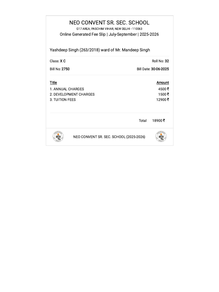 Neo Convent School Fee Slip 2025-26 | PDF
