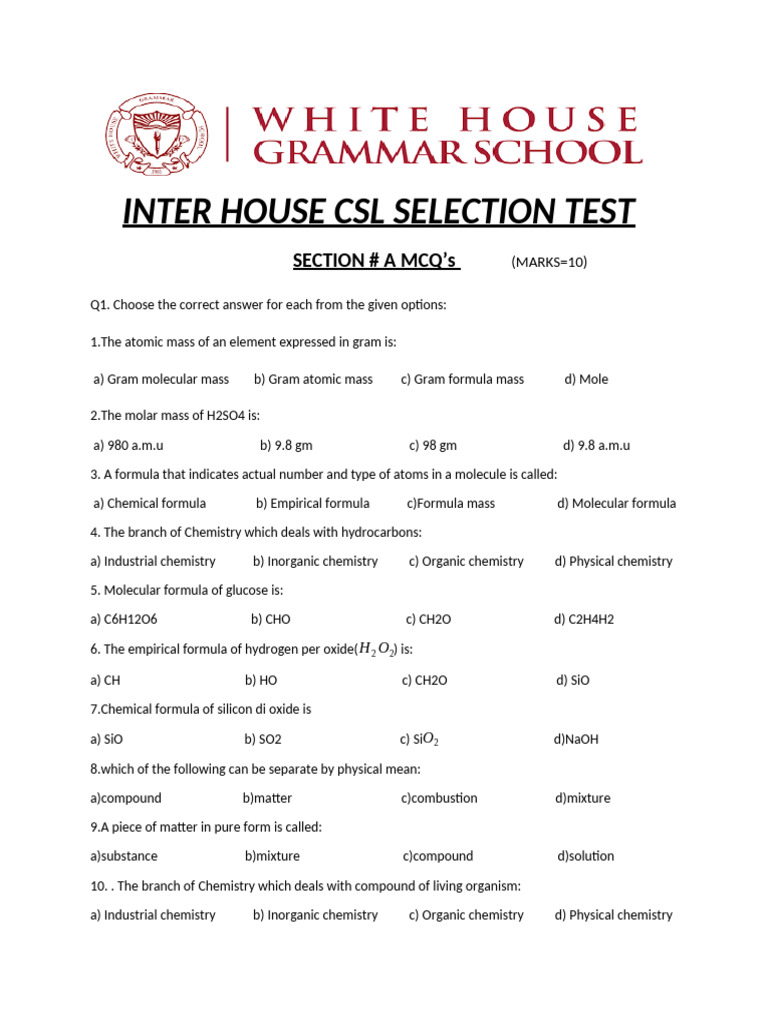 Inter House Chemistry Selection Test | PDF