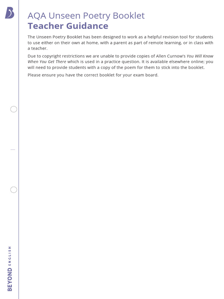 AQA Unseen Poetry Booklet Teacher Guidance | PDF