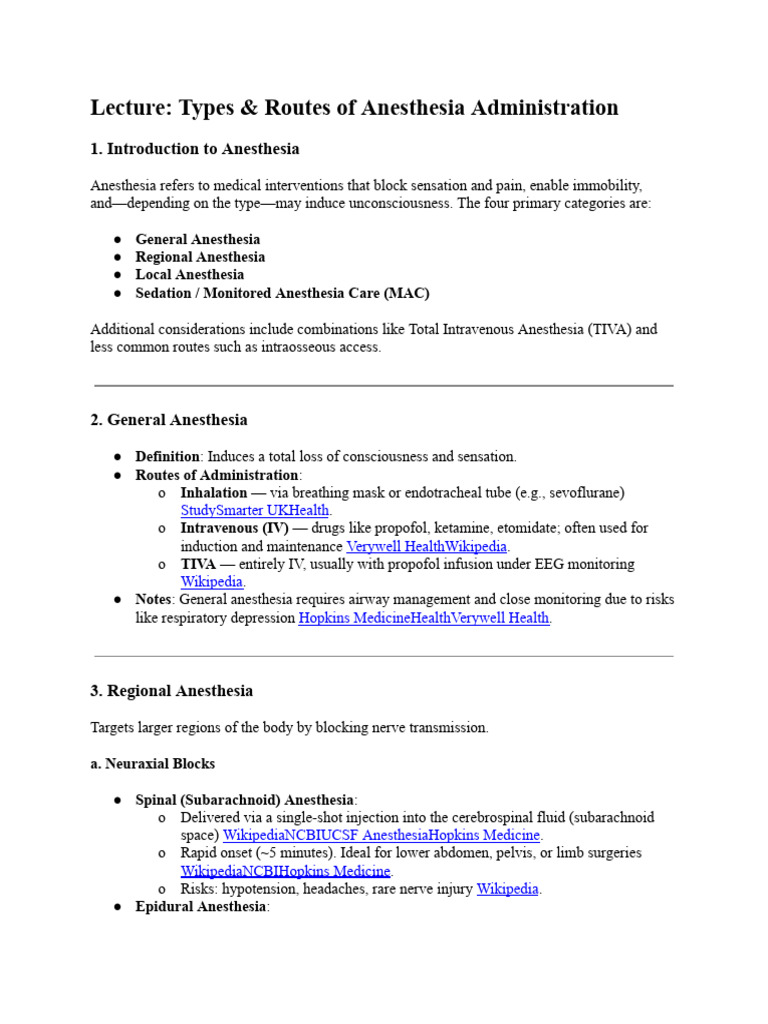 Types of Anesthesia and Its Administration | PDF | Anesthesia ...