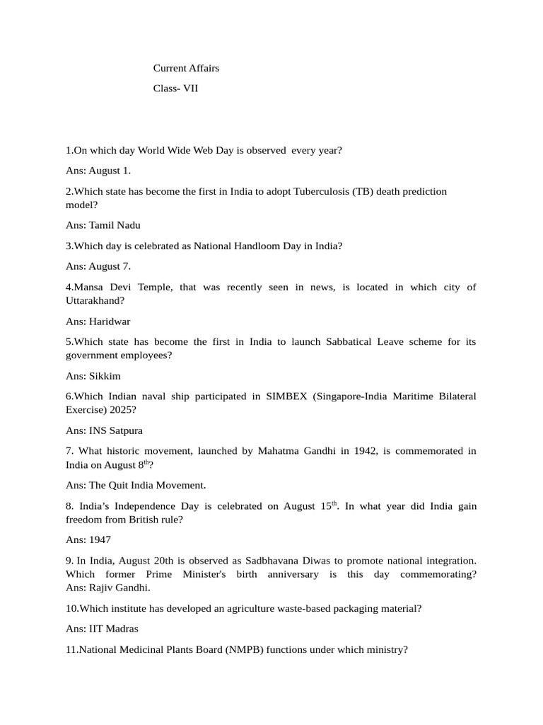 August 2023 Current Affairs Summary | PDF