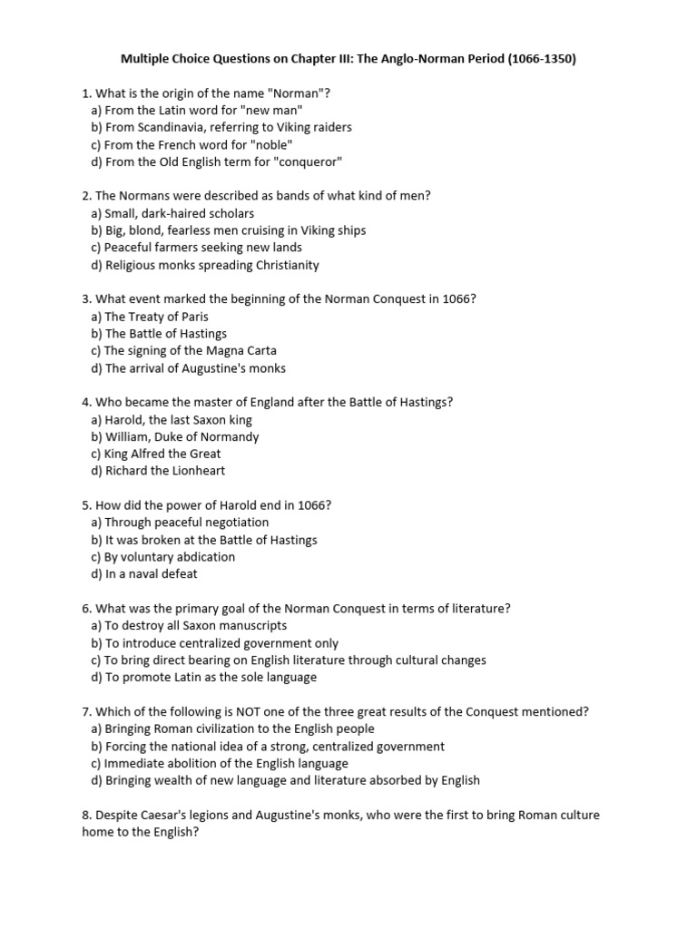 Short Questions On Anglo-Norman Period | PDF | Guinevere | Anglo Saxons