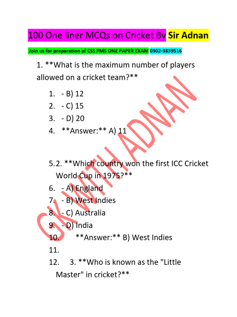 Cricket MCQs for Exam Preparation | PDF | Forms Of Cricket | Cricket