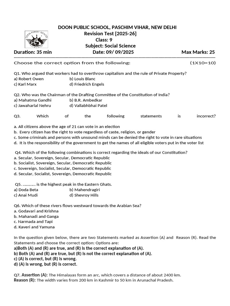Class 9 SST Revision Test 2025-26 | PDF | World War I