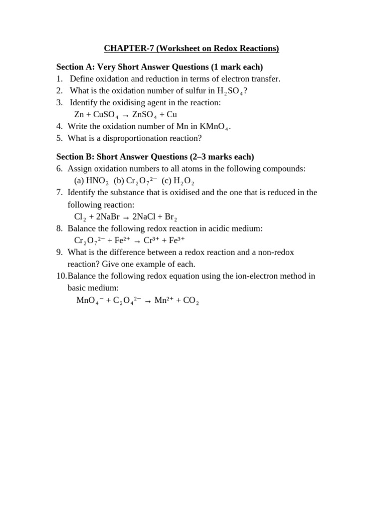 Redox Reactions Worksheet Class11 | PDF