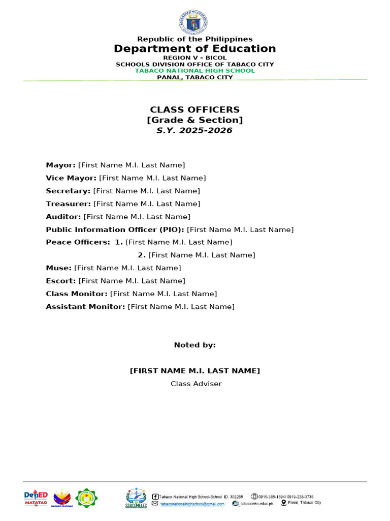 Class Officers for Tabaco National High School | PDF