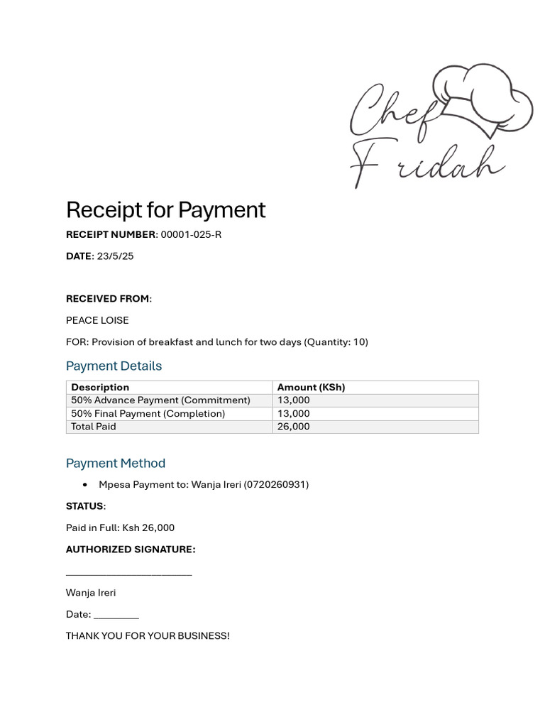 Chef Fridah Receipt Payment | PDF