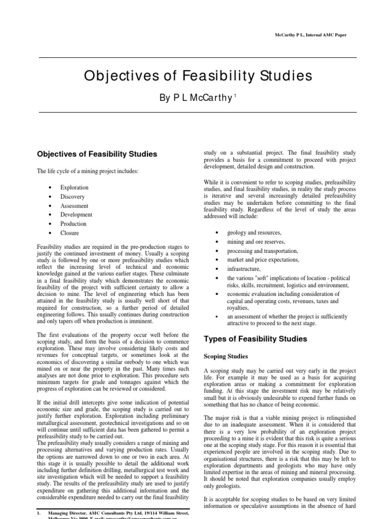 Objectives Feasibility Studies | PDF | Feasibility Study | Mining