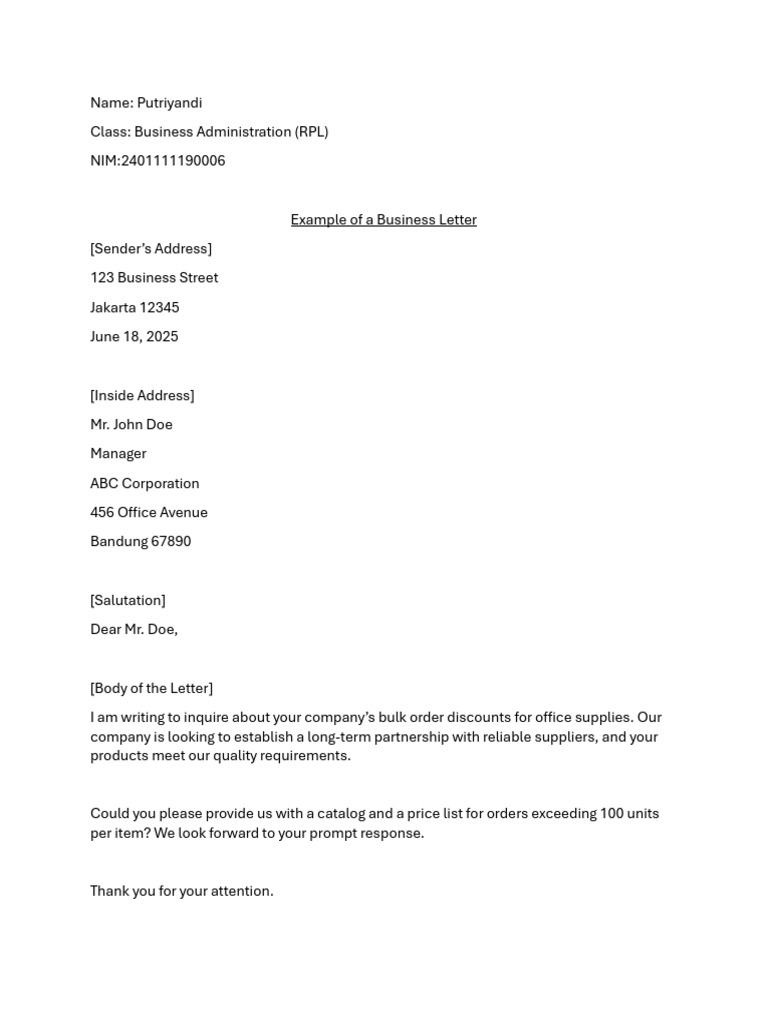 Business Letter Putriyandi (RPL) | PDF