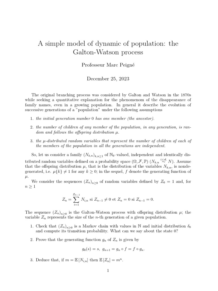 Galton-Watson Process: Population Dynamics | PDF | Mathematical ...