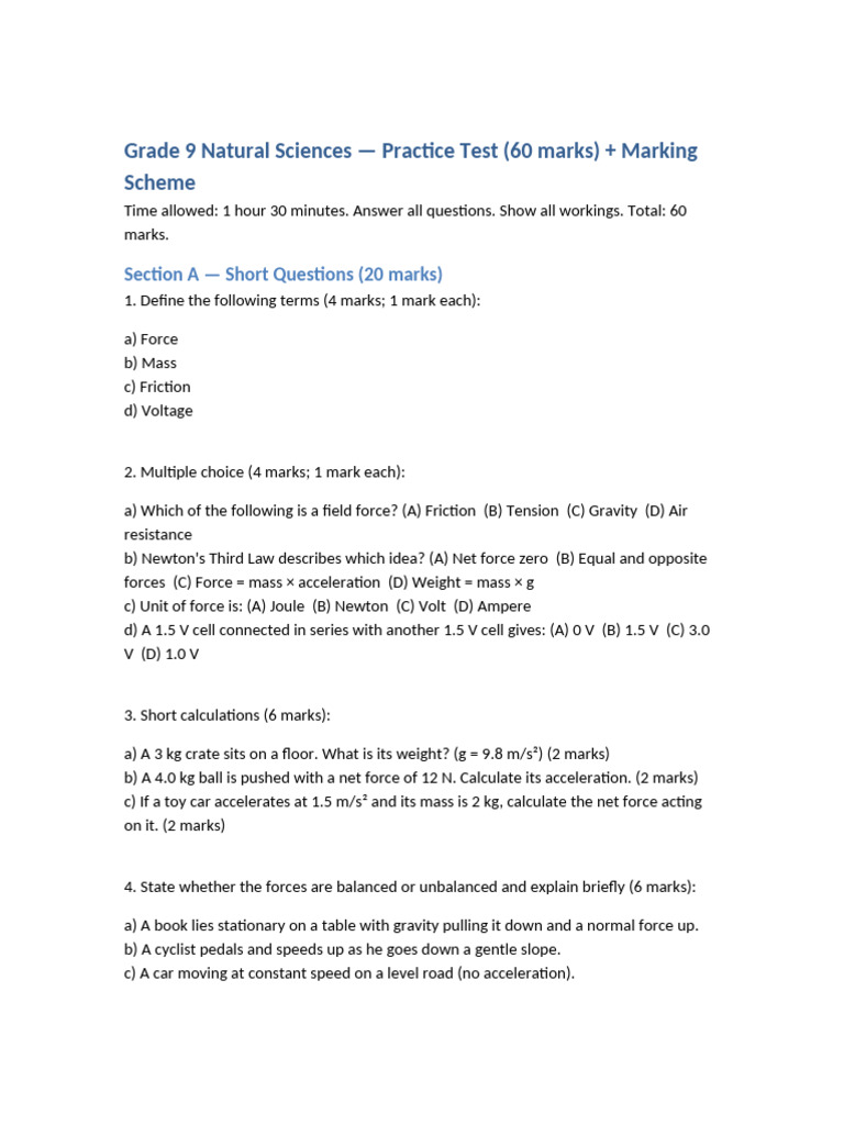 Grade 9 Science Practical Test Guide | PDF | Force | Weight