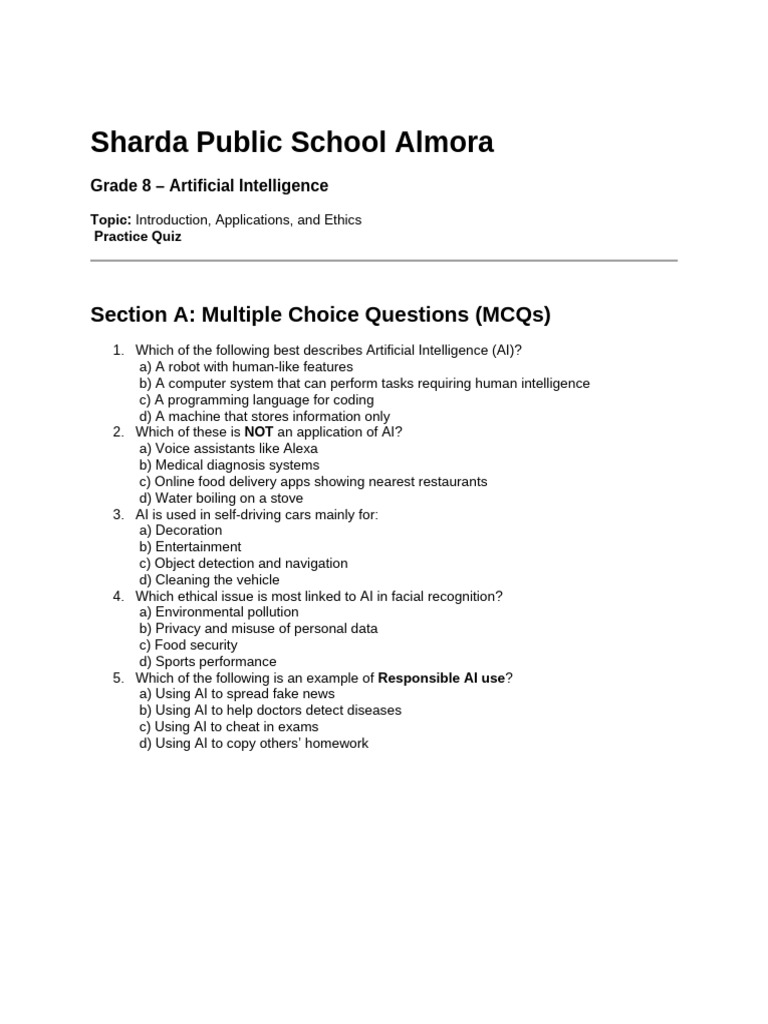 AI in Education: Quiz for Grade 8 | PDF | Artificial Intelligence ...
