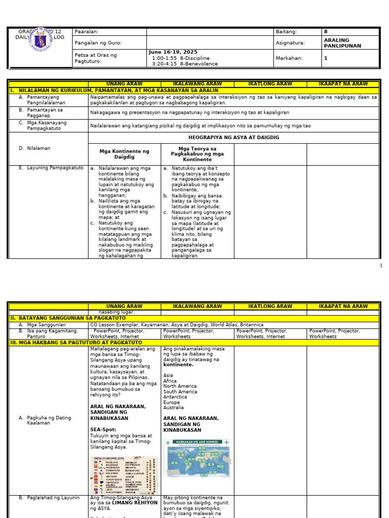 AP8 Q1 Week 1 MATATAG DLL | PDF