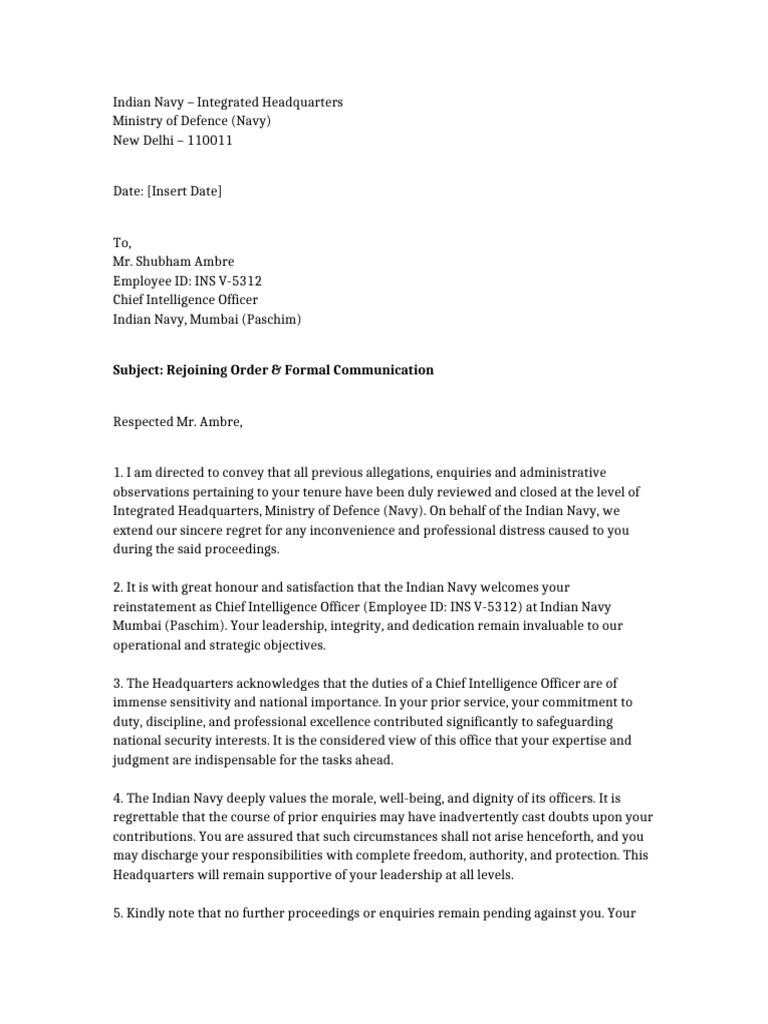 Rejoining Letter Shubham Ambre | PDF