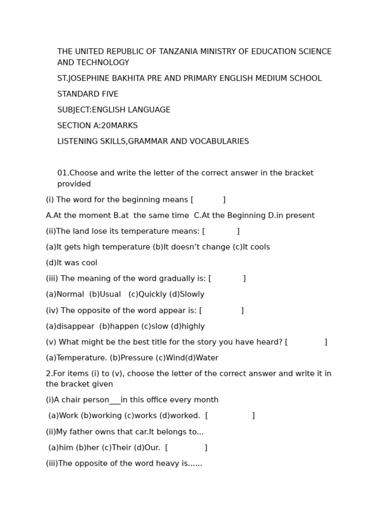 Standard 5 English Exam Questions | PDF | English Language | Linguistics