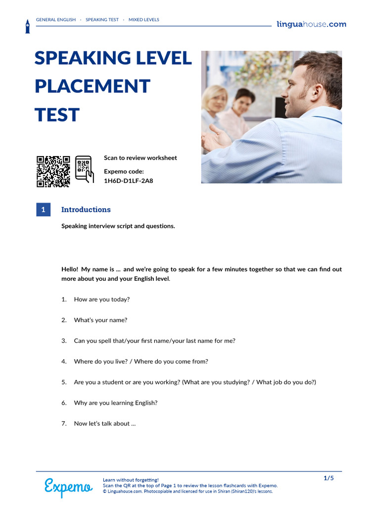 English Speaking Level Placement Test | PDF | Vocabulary | Learning