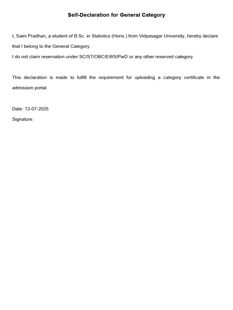 General Category Self-Declaration Form | PDF