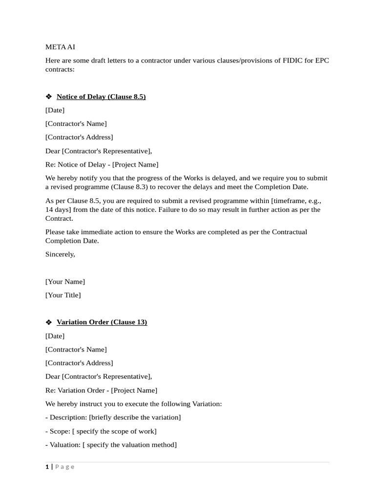 Draft Letters Template For Fidic Clauses | PDF | Breach Of Contract ...