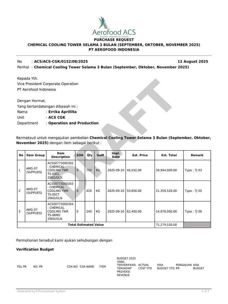Chemical Cooling Tower Selama 3 Bulan (September, Oktober, November ...