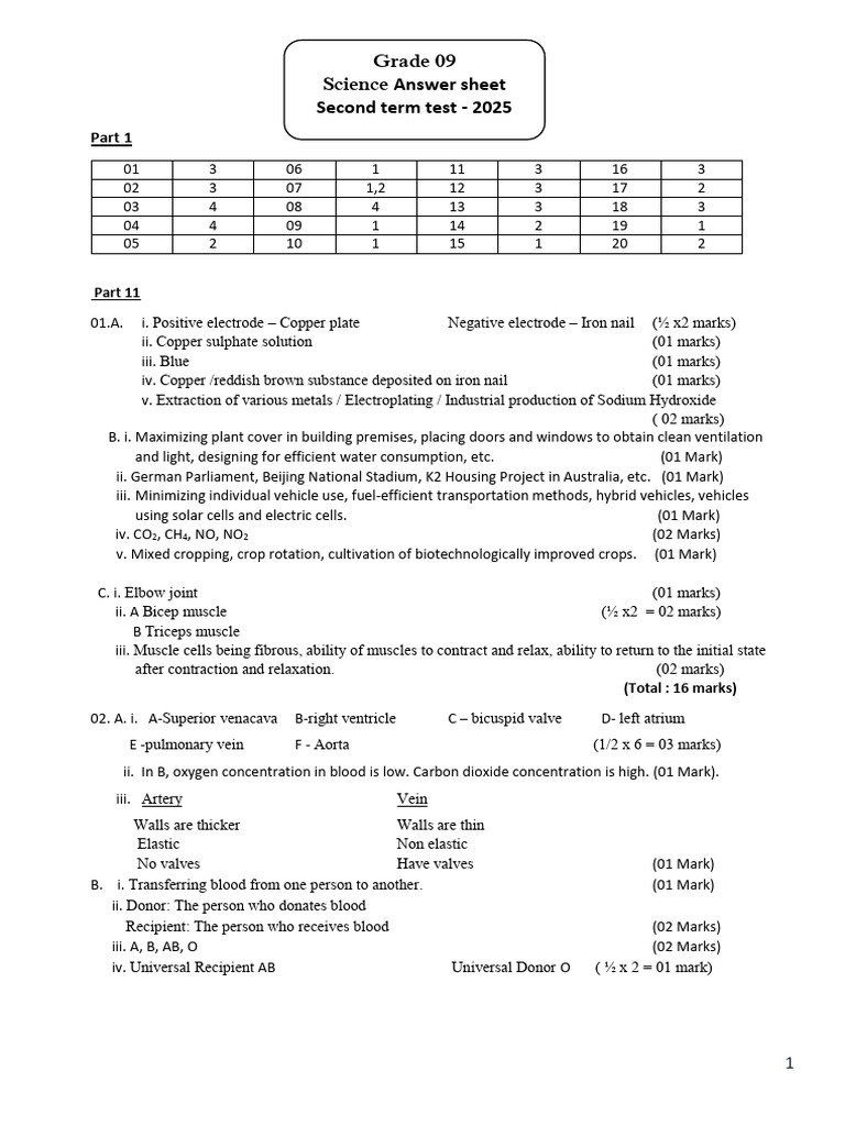 Grade 9 Science Test Answer Key | PDF | Blood | Vein