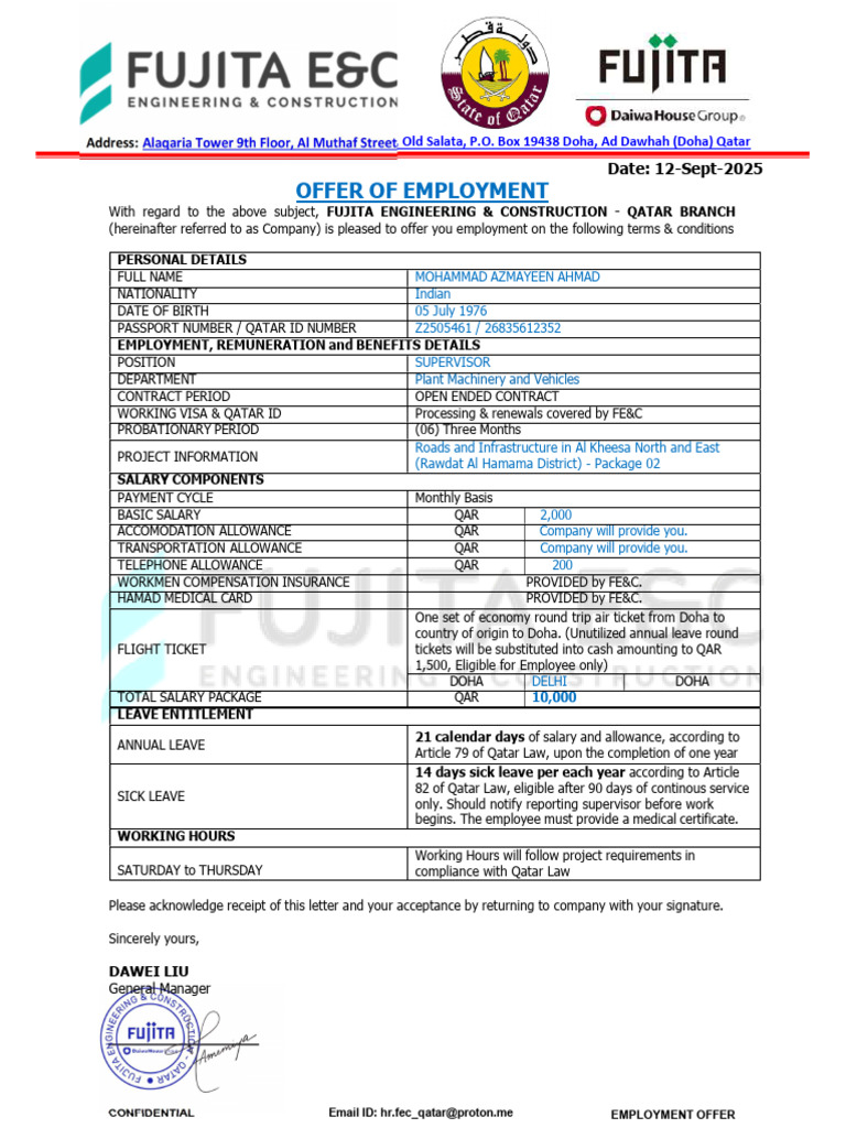 Employment Offer for Supervisor in Qatar | PDF | Employment | Doha