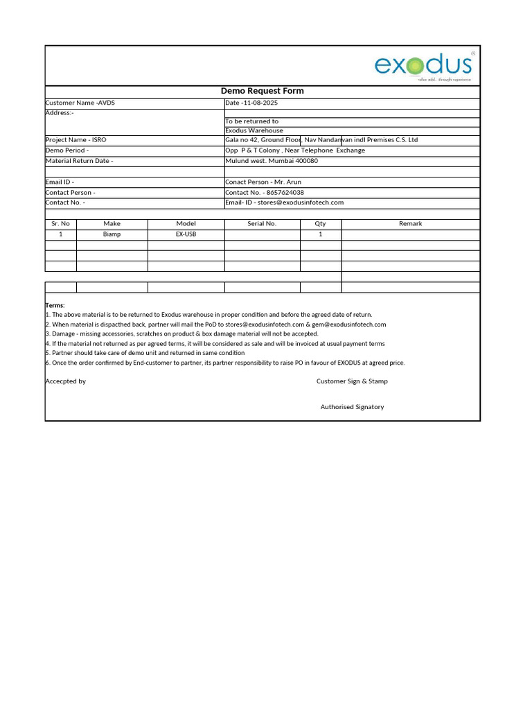 ISRO Demo Request Form for AVDS | PDF