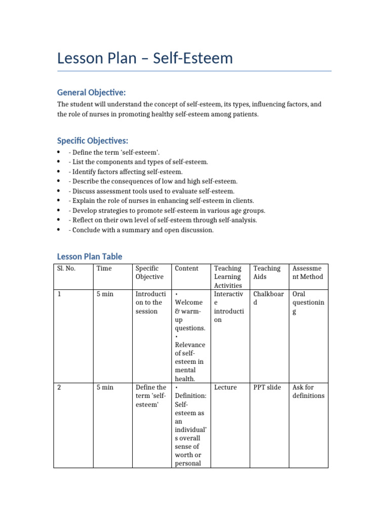 Self-Esteem Lesson Plan for Nurses | PDF | Self Esteem | Cognition