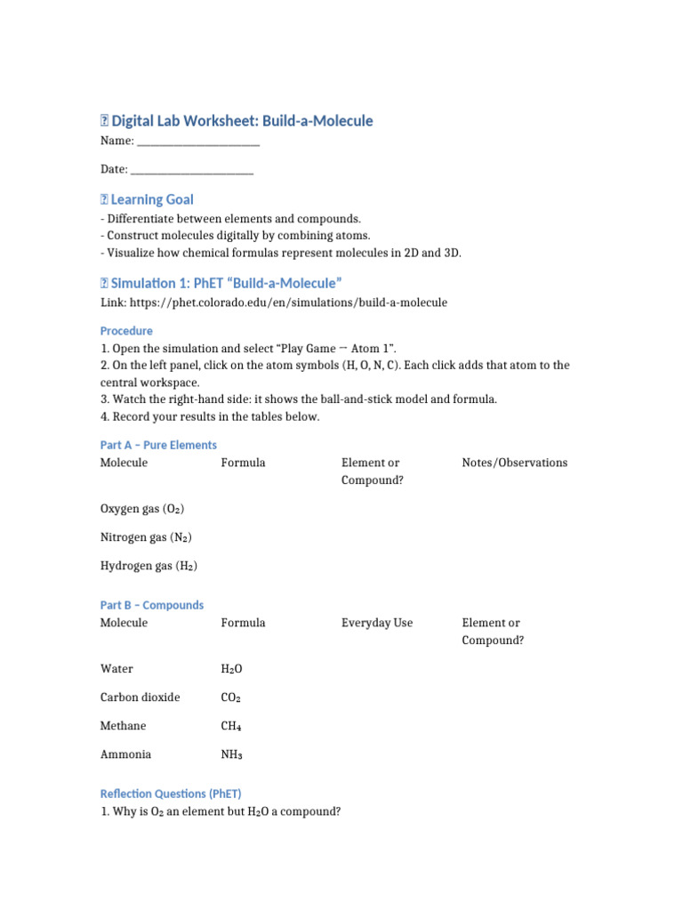 Digital Build A Molecule Student Worksheet | PDF