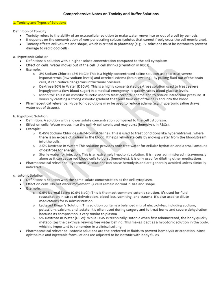 Comprehensive Notes On Tonicity and Buffer Solutions | PDF | Saline ...