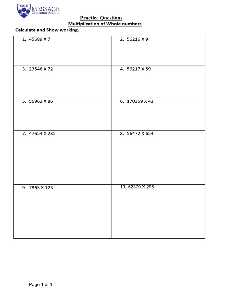 Practice Questions Multiplication of Whole Numbers | PDF