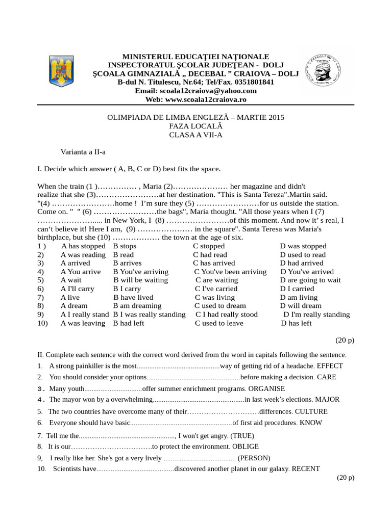 Subiect Olimpiada Cls 7-2015 | PDF
