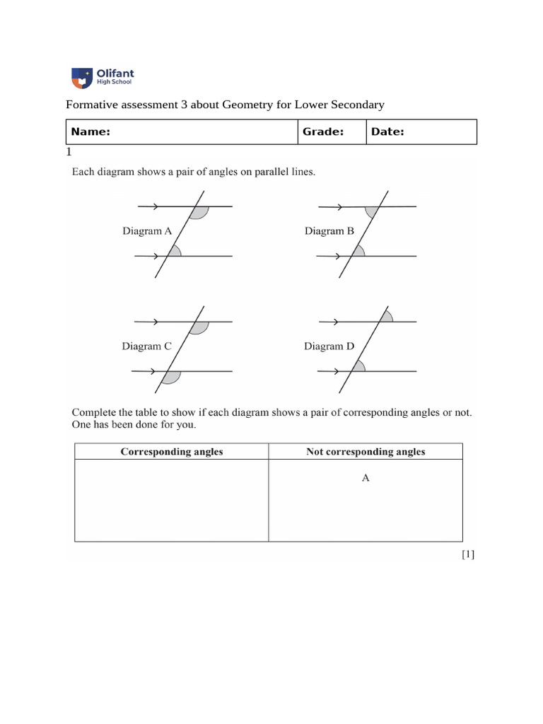Formative Assessment 3 About Geometry For Lower Secondary: Name: Grade ...