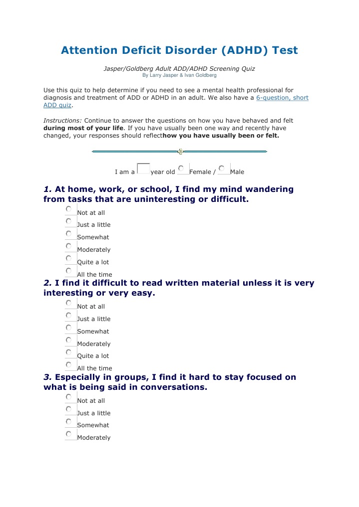 Attention Deficit Disorder (ADHD) Test: 1. at Home, Work, or School, I ...