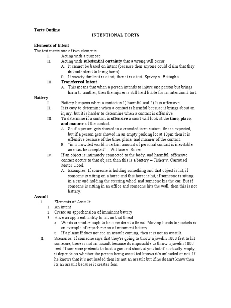 Torts Outline Intentional Torts Elements of Intent: I. II. A. B. Iii. A ...