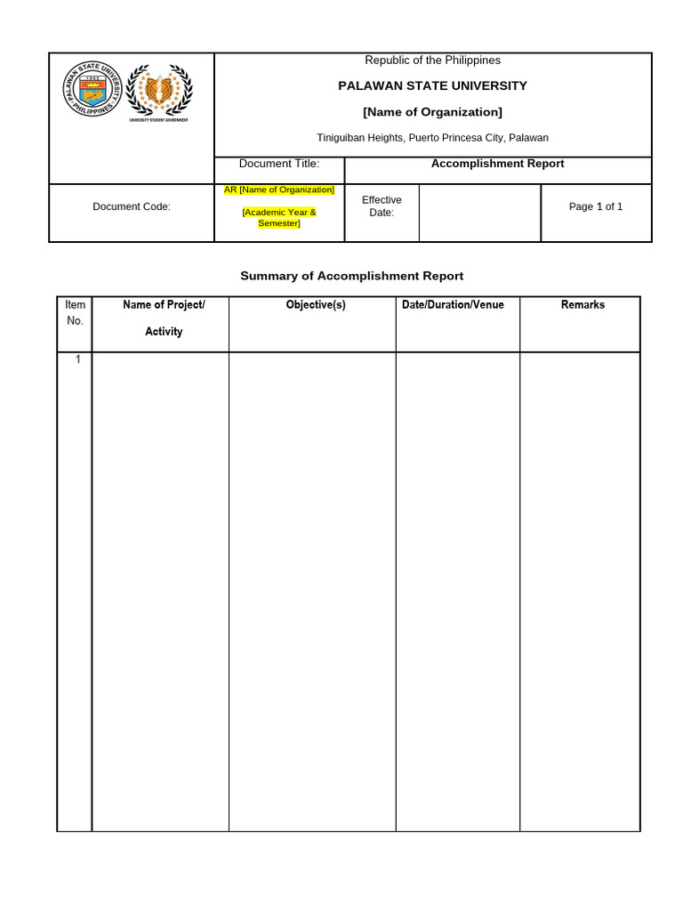 Palawan State University Accomplishment Report | PDF