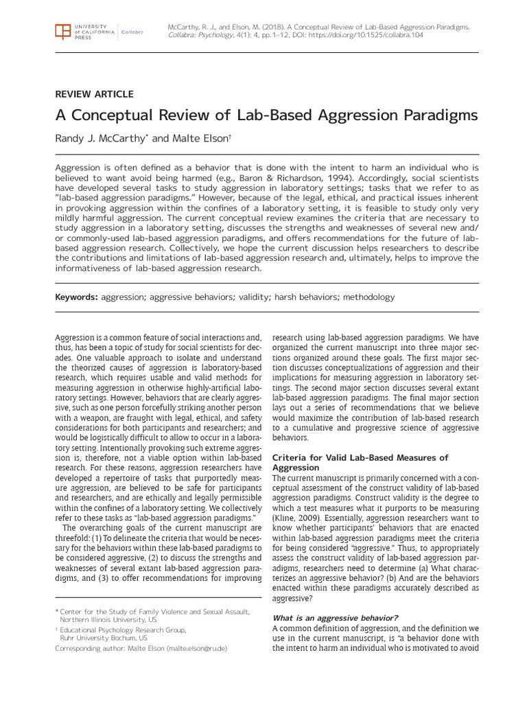Lab-Based Aggression Paradigms Review | PDF | Aggression | Intention