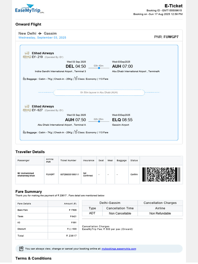 Delhi to Gassim Flight Itinerary Details | PDF | Travel Visa | Airlines