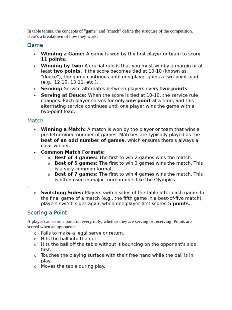 Table Tennis Game and Match Rules | PDF
