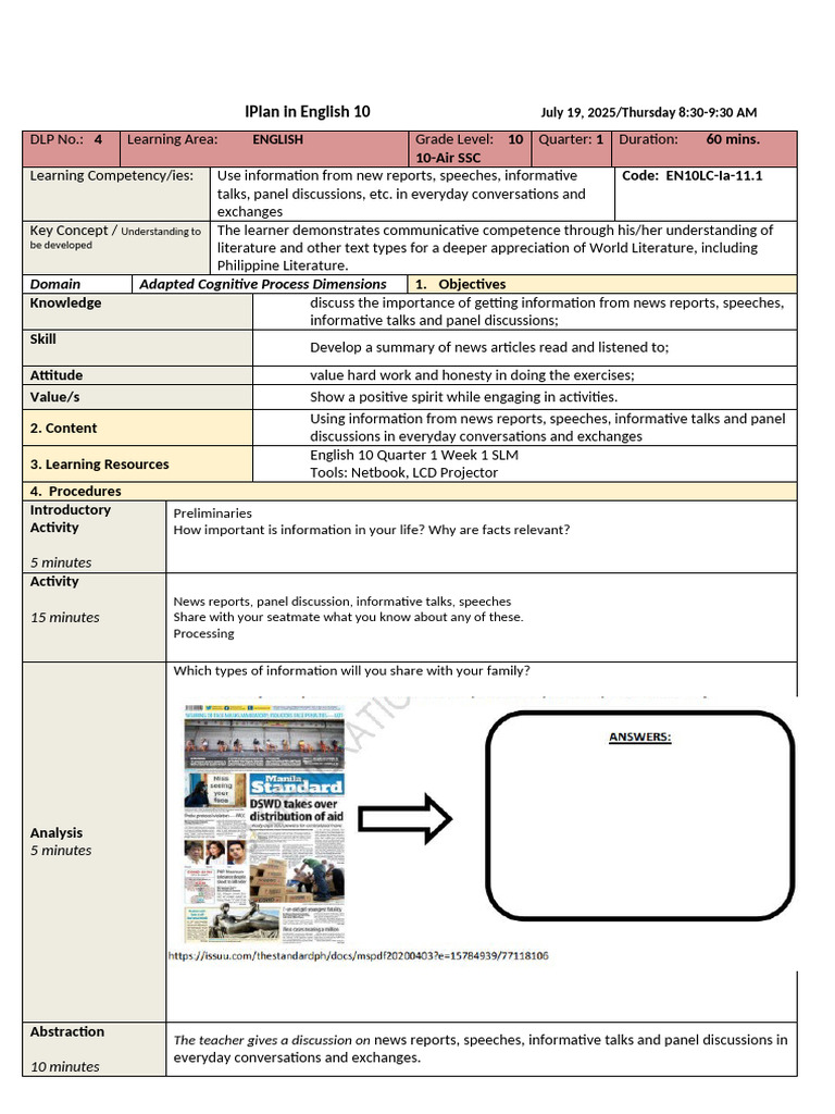English 10 Lesson Plan: News Literacy | PDF | Information | Learning