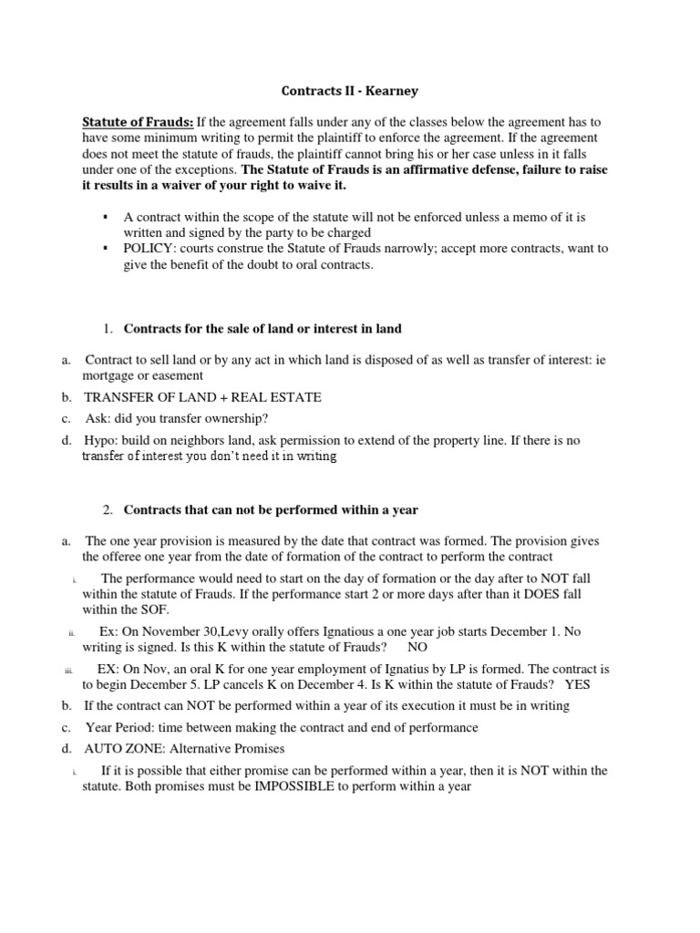 Contracts Statutes Of Fraud Outline Consideration Debt