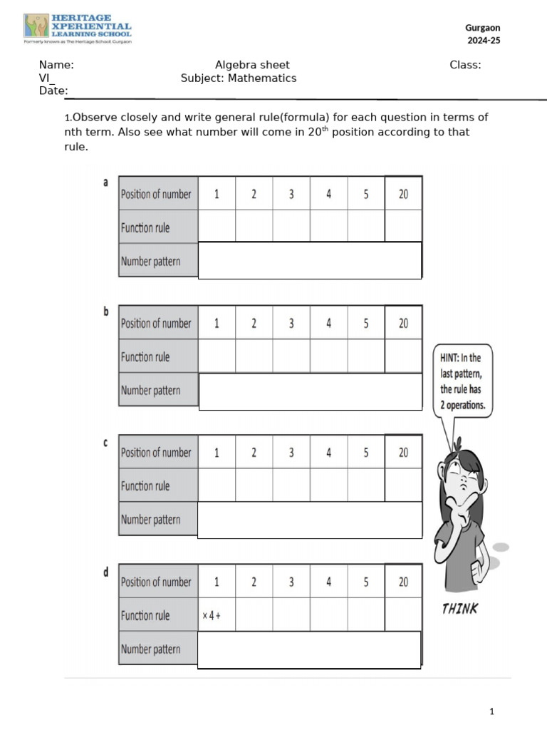 Algebra Pattern Sheet 24-25 | PDF