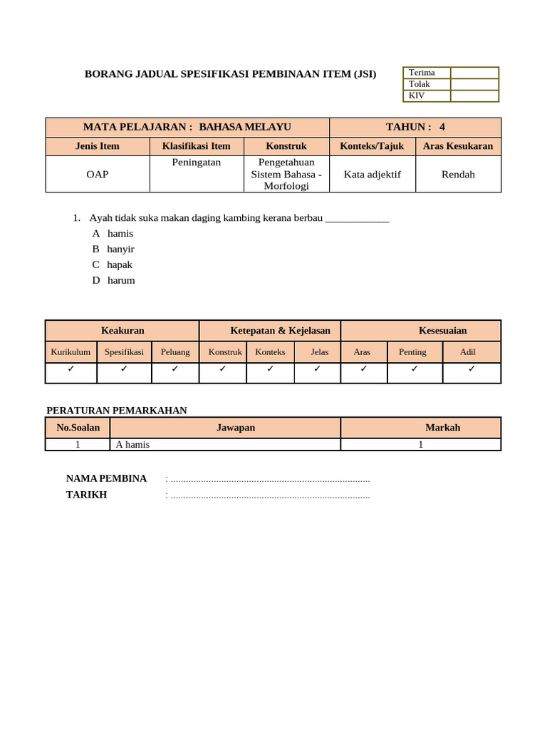 Borang Jadual Spesifikasi Item - Jsi | PDF