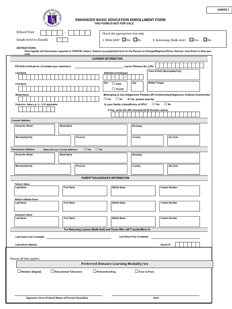 Enhanced Basic Education Enrollment Form | PDF