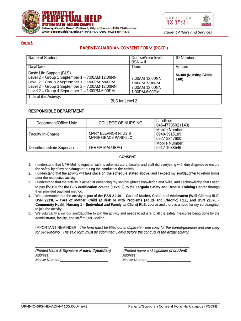BLS Level 2 Parent Consent Form | PDF | Health Care